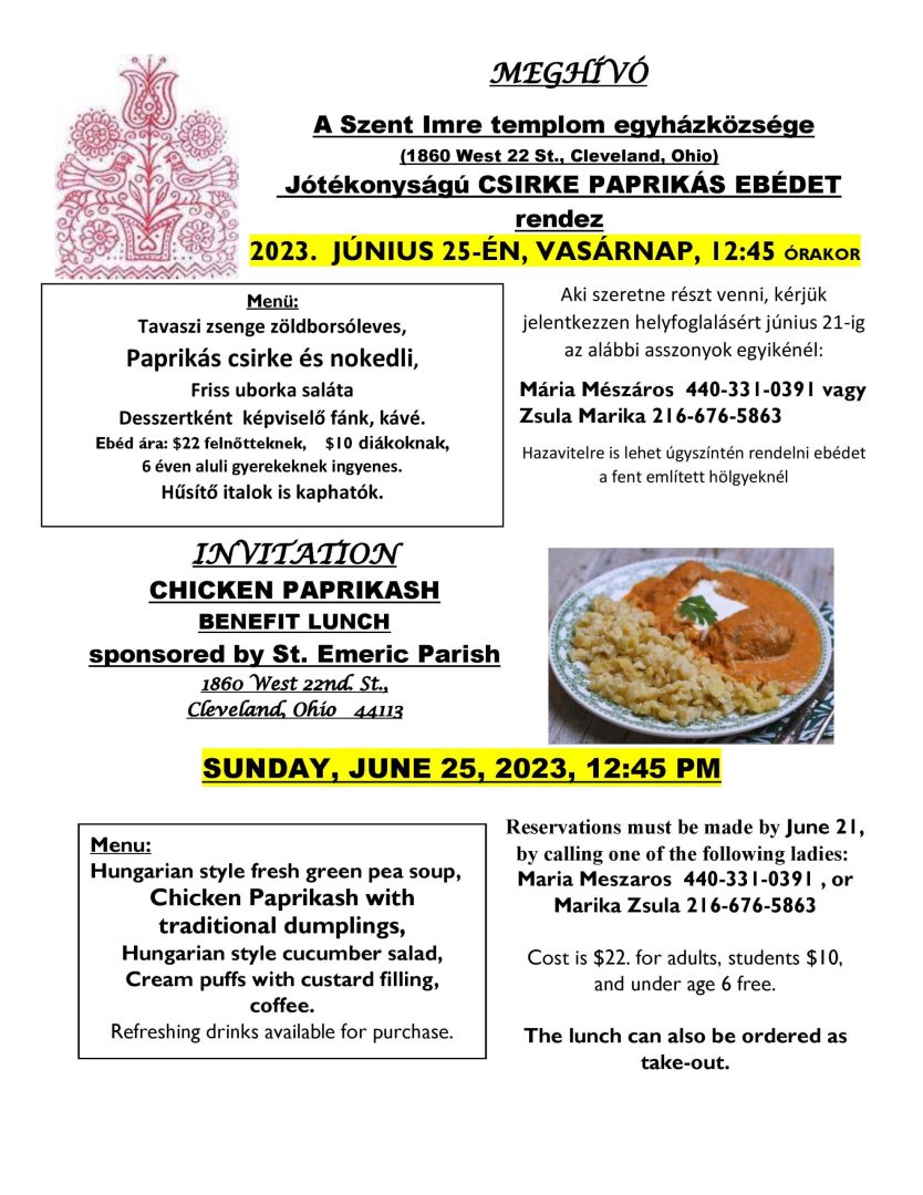 CHICKEN PAPRIKAS BENEFIT LUNCH - SUNDAY, JUNE 25, 2023 - St. Emeric Church