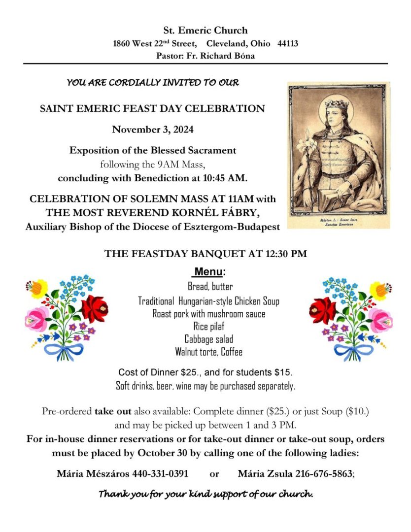 ST. EMERIC FEAST DAY MASS AND BANQUET - NOVEMBER 3, 2024 - St. Emeric ...