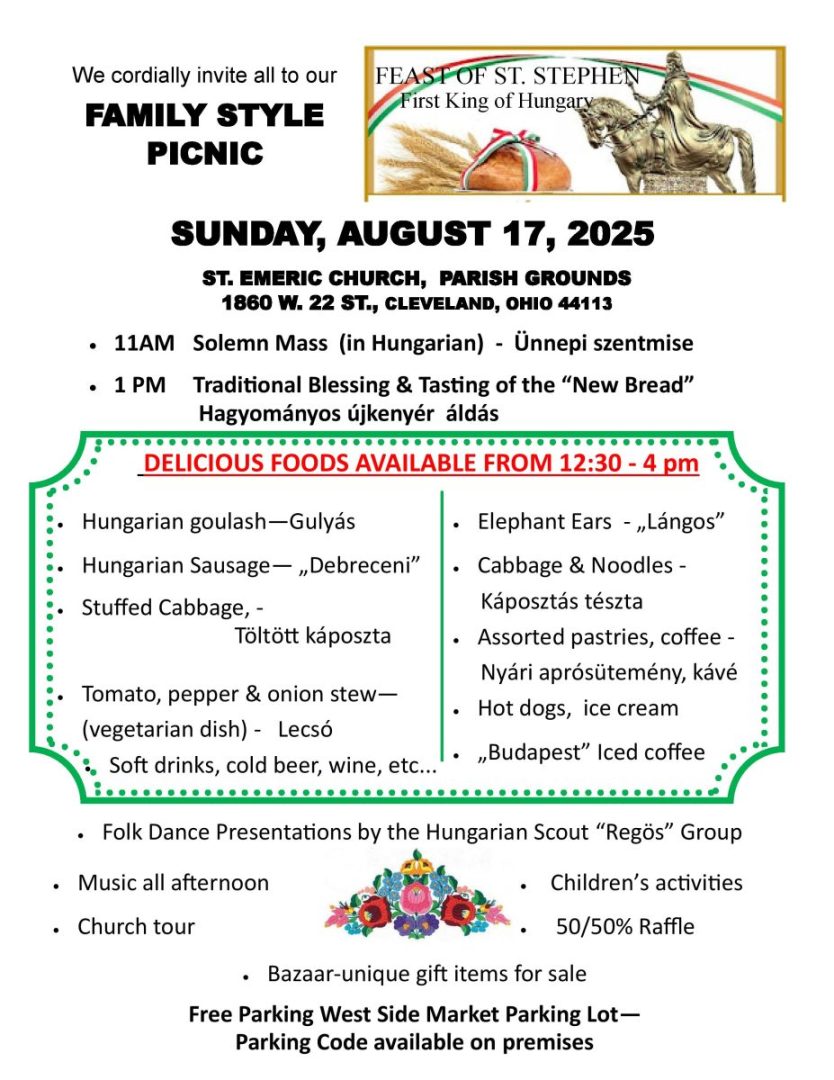 FEAST OF SAINT STEPHEN PARISH PICNIC - AUGUST 17, 2025 - St. Emeric Church