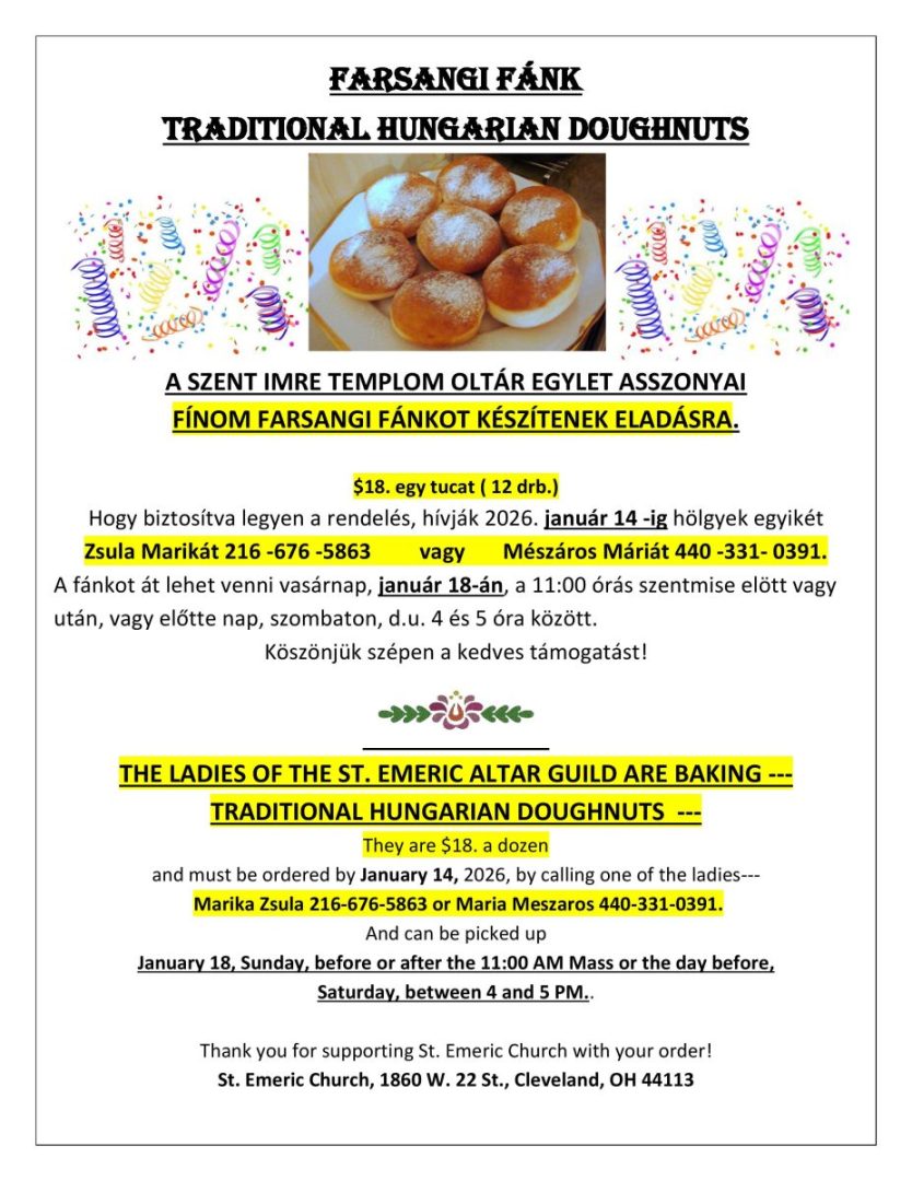 HUNGARIAN DOUGHNUTS SALE - JANUARY 18, 2026 - St. Emeric Church