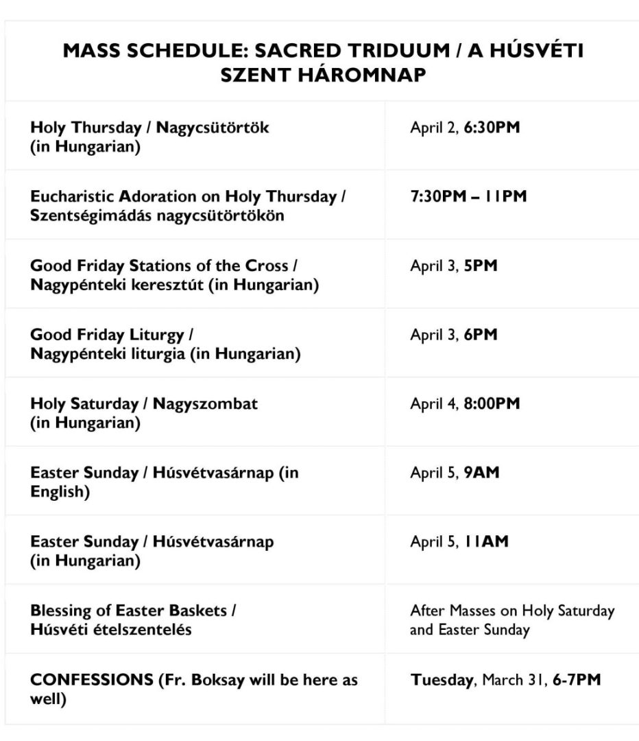 HOLY WEEK CALENDAR - TRIDUUM - St. Emeric Church